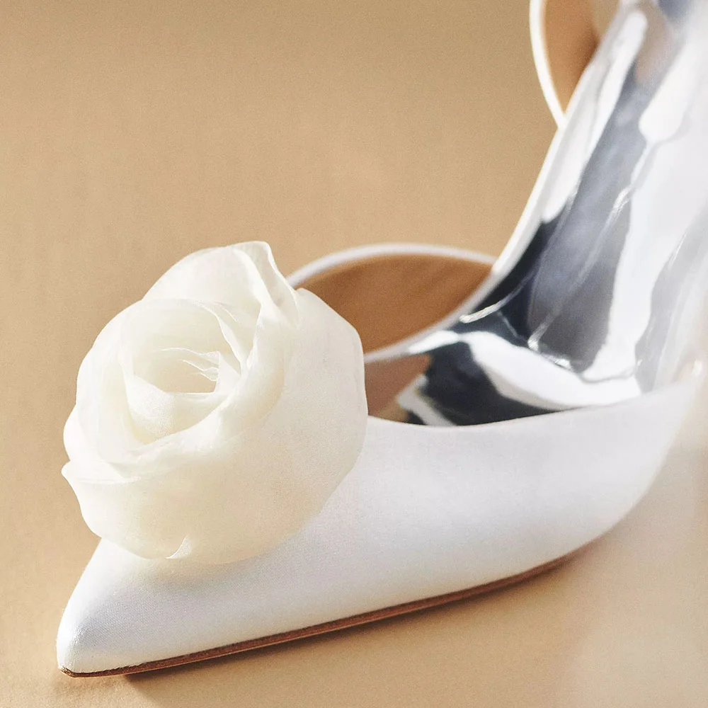 White Satin Pointed Toe Flared Heel Rose Bridal Slingback Heels