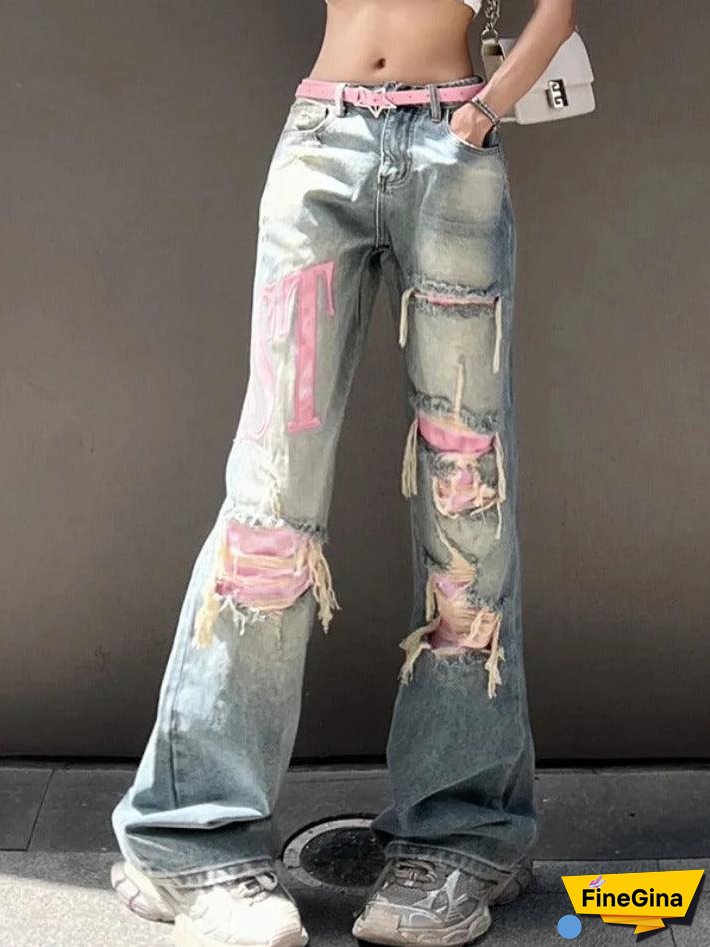 FineGina Y2K Pink Ripped Embroidery Boyfriend Jeans