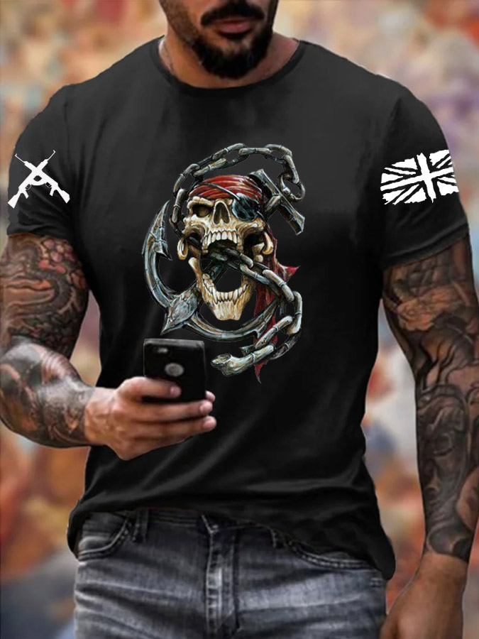 Men's Navy Skull Pattern Print Cotton T-Shirt