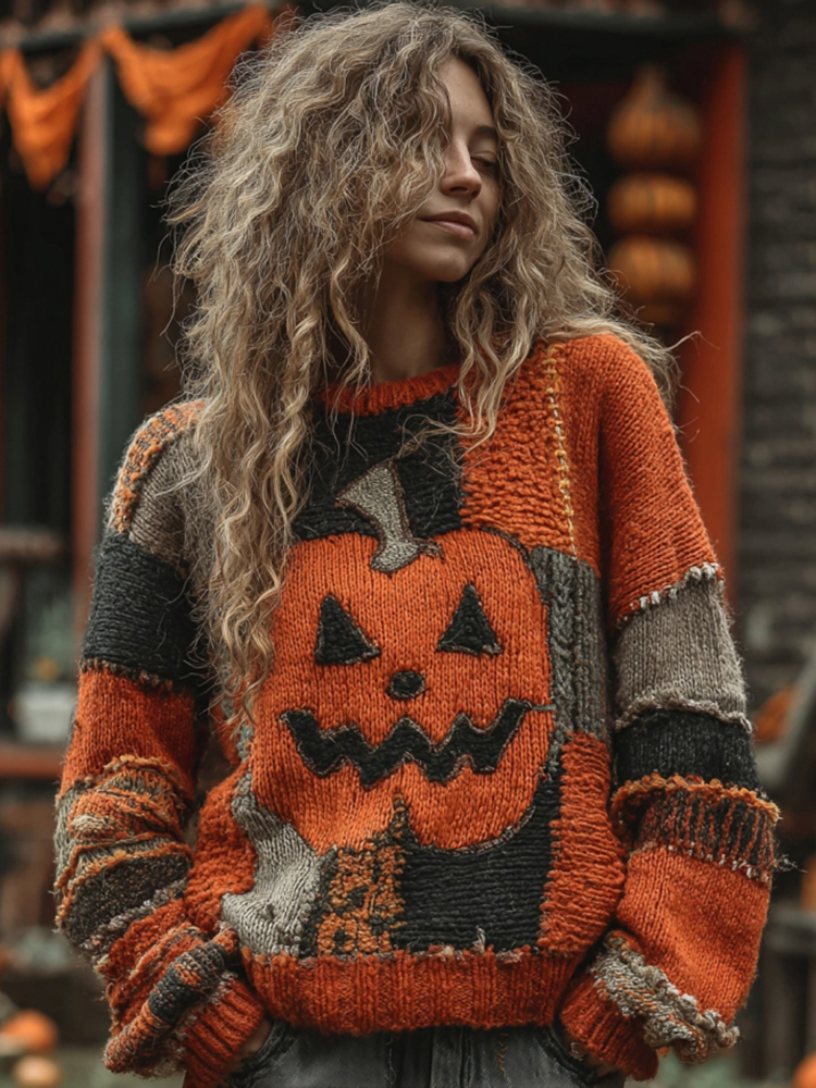 Vintage Halloween Pumpkin Face Patchwork Knitted Crew Neck Cozy Sweater