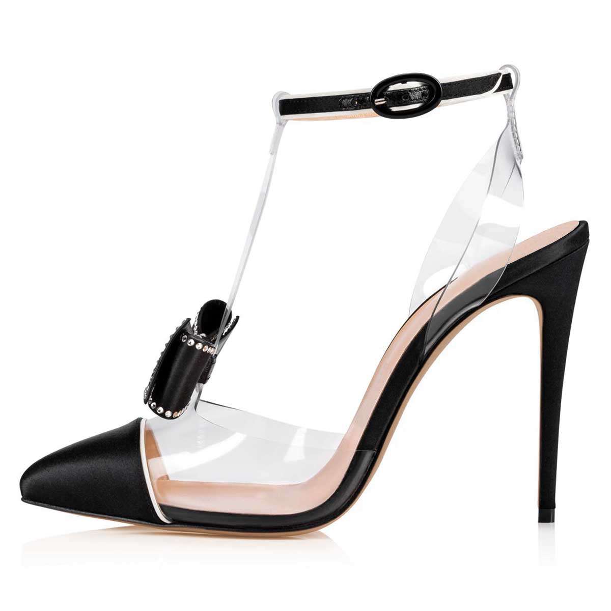 Black PVC Stiletto Heel T-Strap Bow Pumps Vdcoo