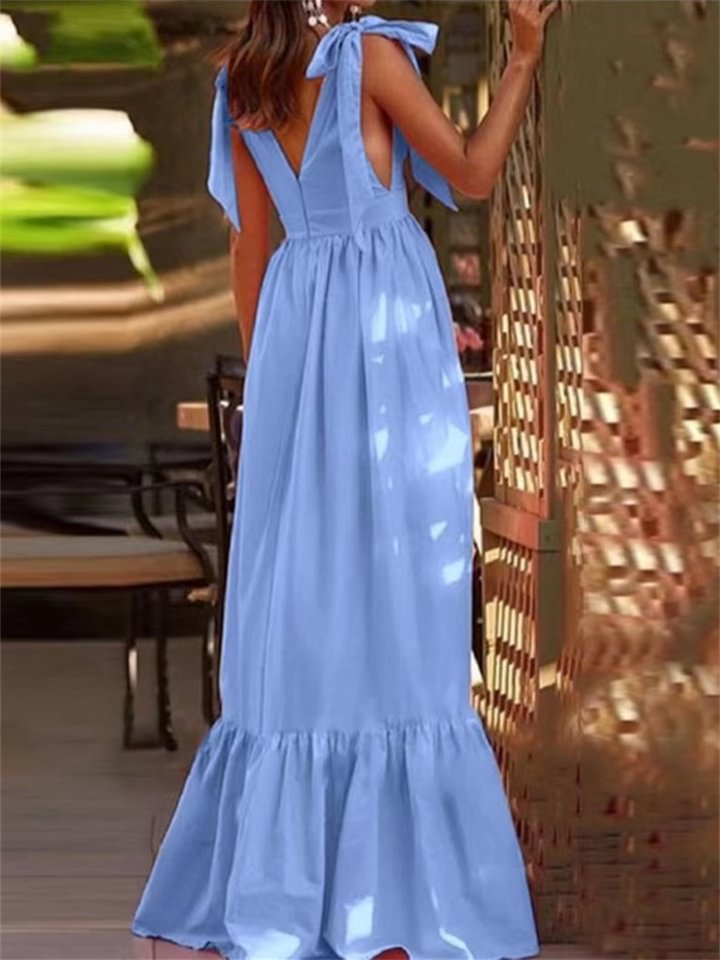 Off Shoulder Sexy Open Back Bow Strap Big Swing Dress