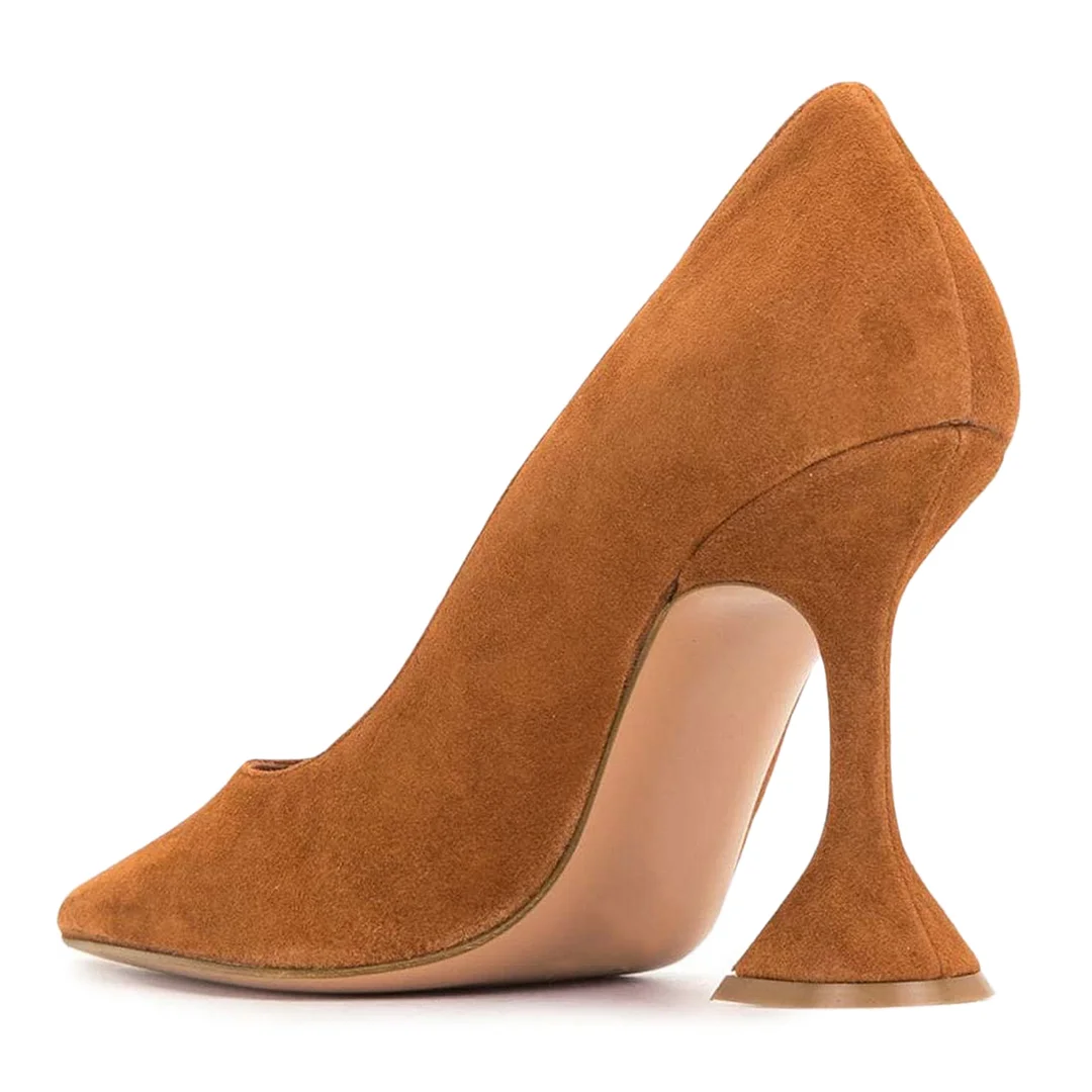 Orange Faux Suede Pointed Toe Flared Heel Pumps for an Elegant Outfit