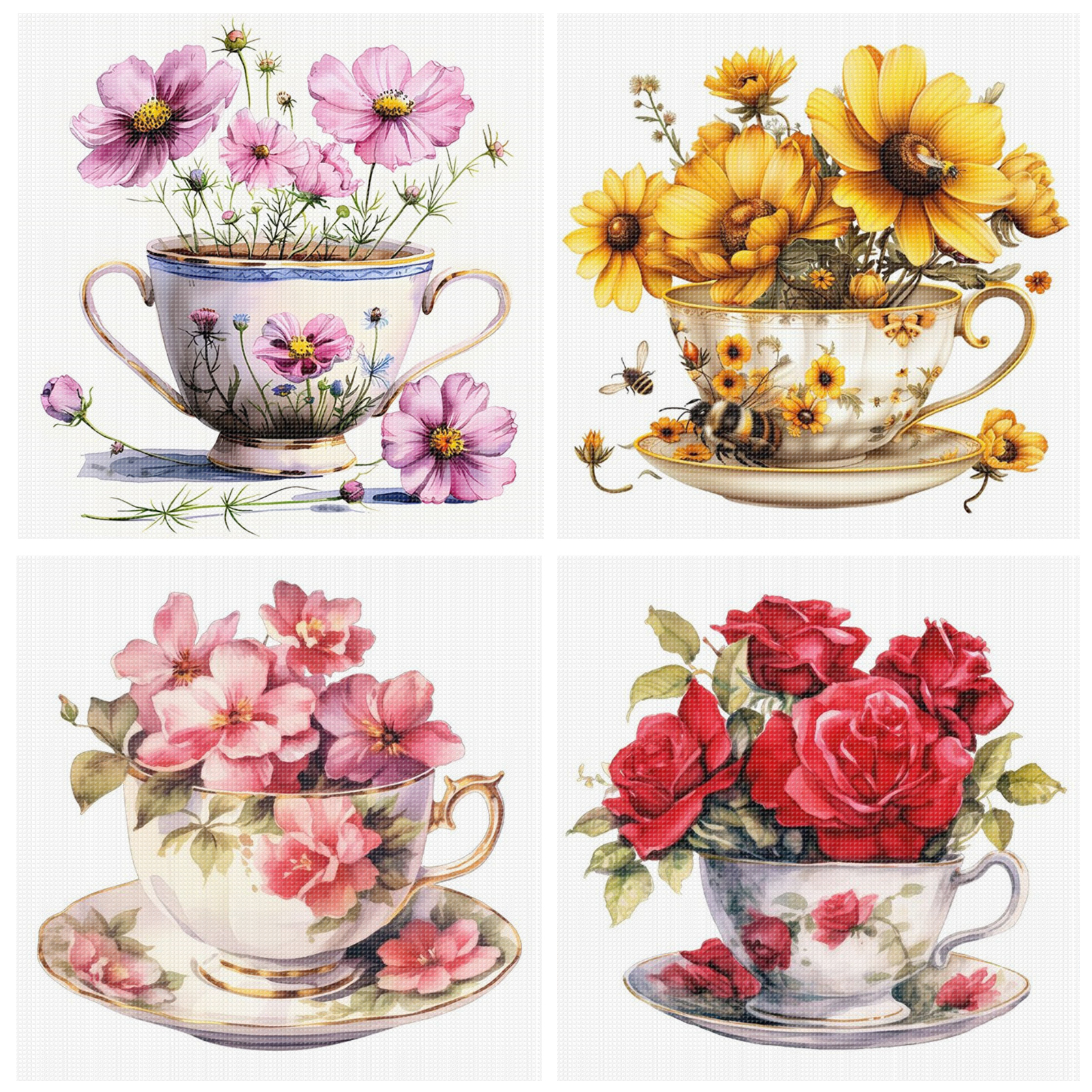 Huacan - Flower Teacup- 18CT - 2 Strands Threads Printed cross stitch ...