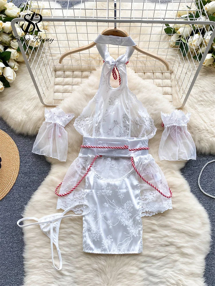 Billionm Chinese Cheongsam Sexy Sheer Dress+Thongs Halter Print Satin ...