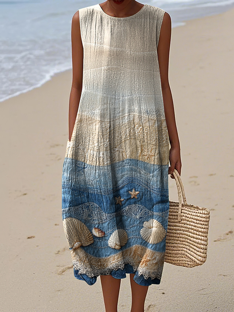 Vintage Loose Starfish & Sea Shells Sea Waves Art Sleeveless Cotton And ...
