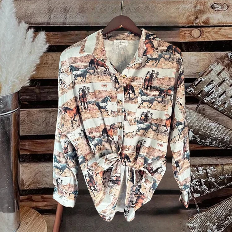 Wild Horses Print Western Button Down Shirt Blouse