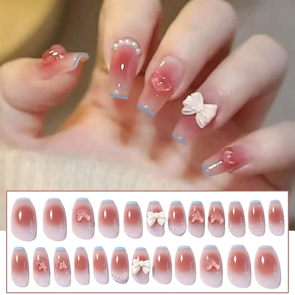 French Style White Bow False Nails Blue Border Design Full Cover Fake ...