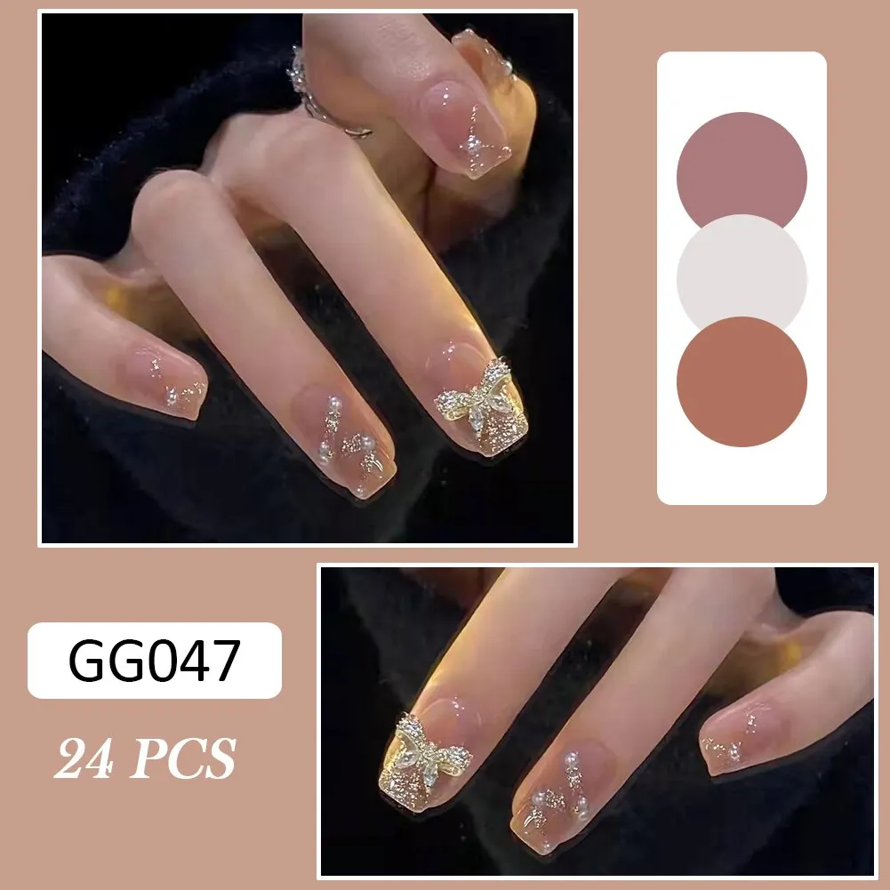 Churchf False Nails 24PCS Shiny Butterfly Fake Nails Short Flat Head ...