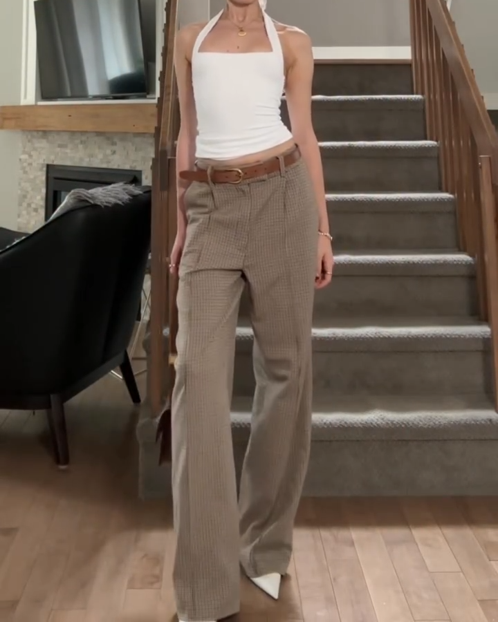 Halter Neck Top and Plaid Pants Two-piece Suit Without Belt
