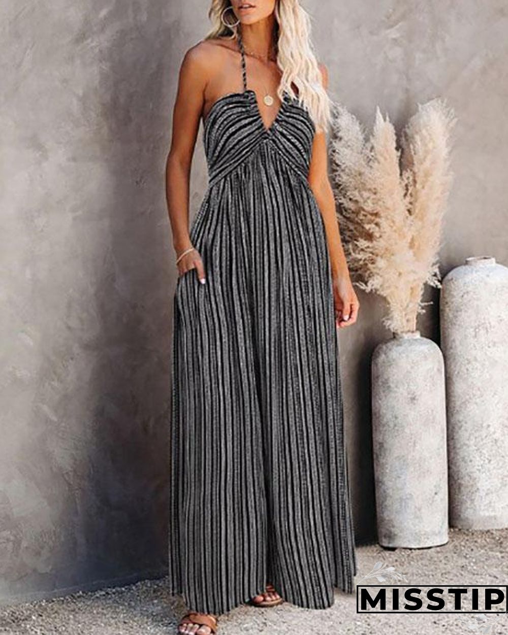 Strap Wrapped Chest Long Slit Dress