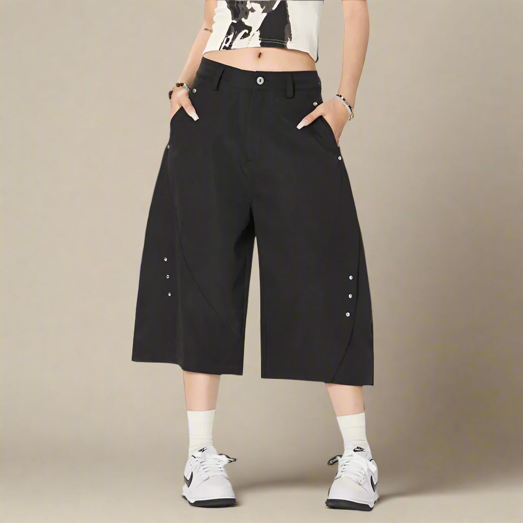 Cool Black High-Waisted Patch Wide Leg Mid-length Pants