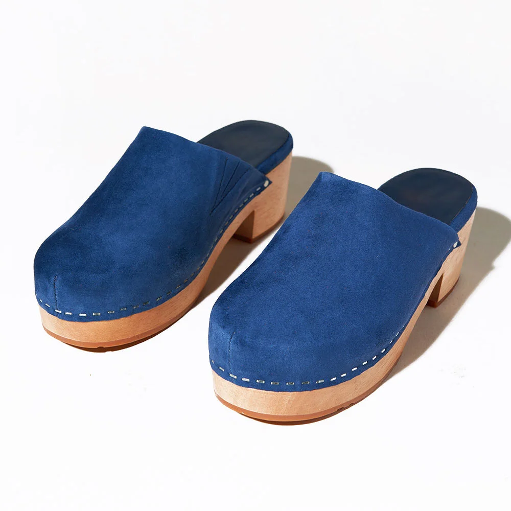 Navy Blue Faux Suede Round Toe Block Heel Platform Clog Mules