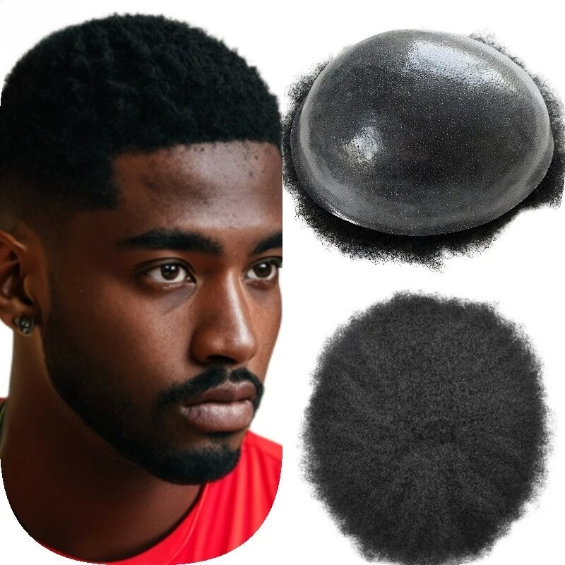Mens Toupee 0.1mm Thin Skin V Loop Afro Full PU Base Black Men Hair