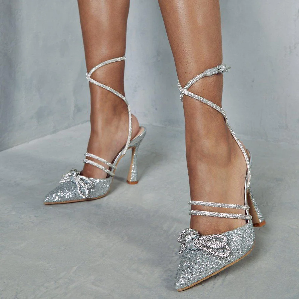 Pink Glitter Pointed Toe Flared Heel Strappy Pumps with Bow-Knot