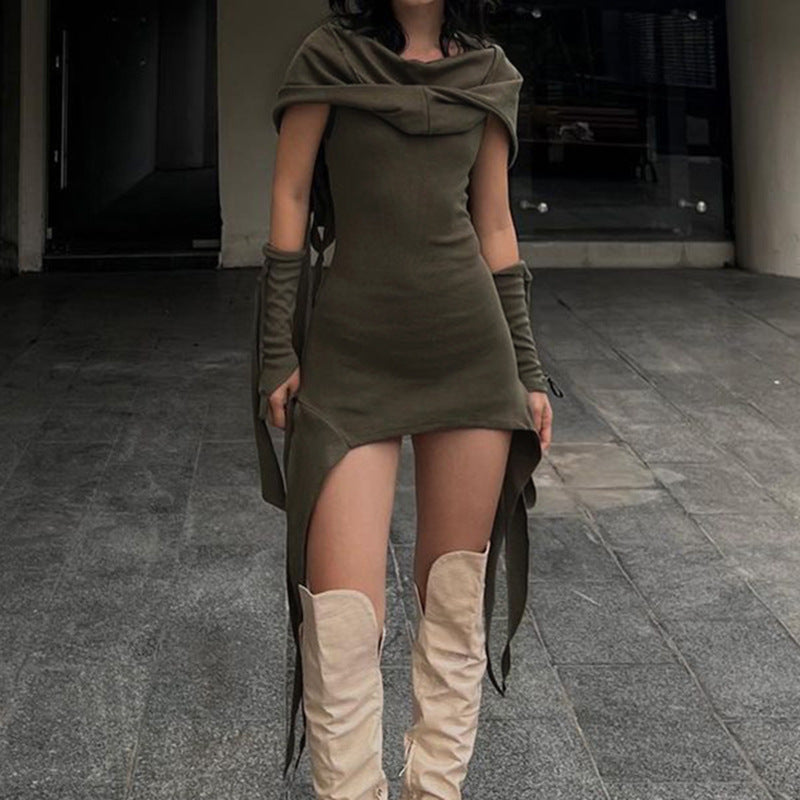 Gothic Dune Doomsday Pile Collar Hooded Dress with Irregular Asymmetric ...