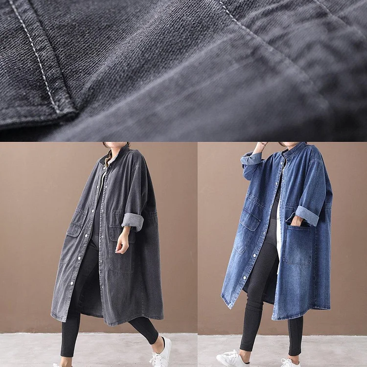 French denim blue Plus Size box coat Shape stand collar drawstring coat