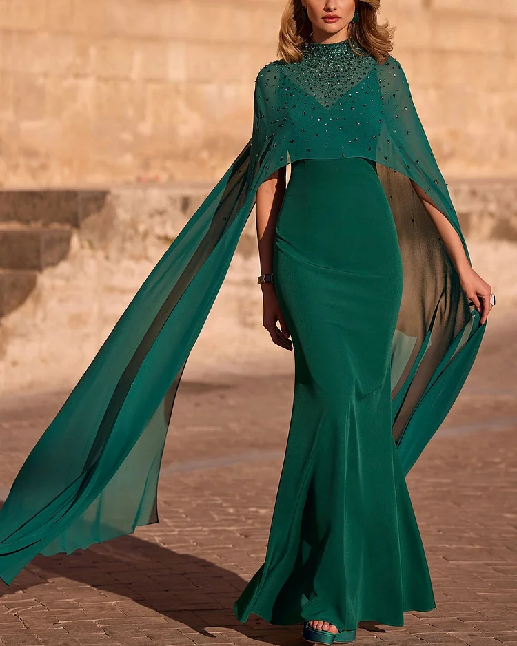 Elegant rhinestone cape dress