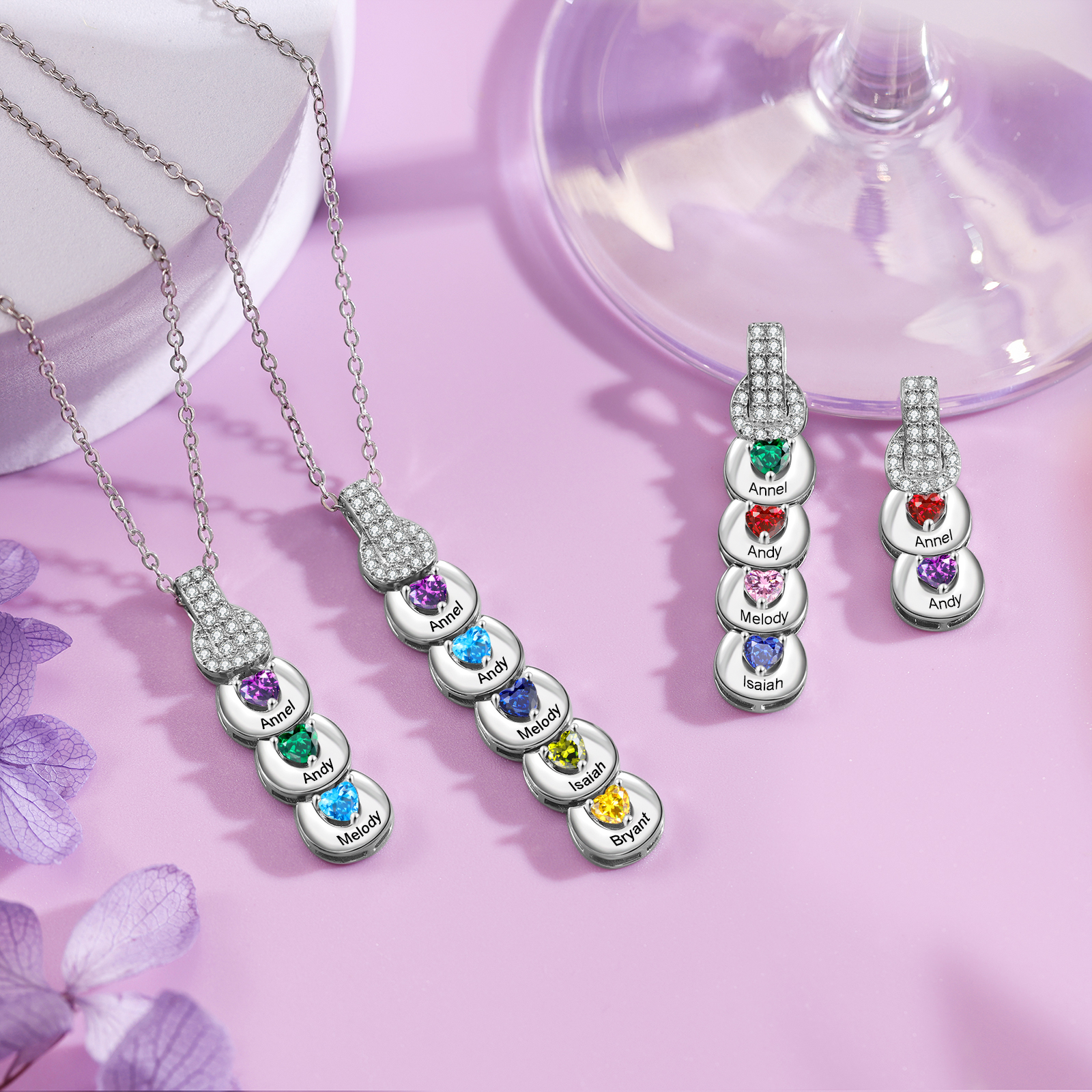Custom Family Necklace Cascading Pendant with 4 Birthstones Engraving 4 ...