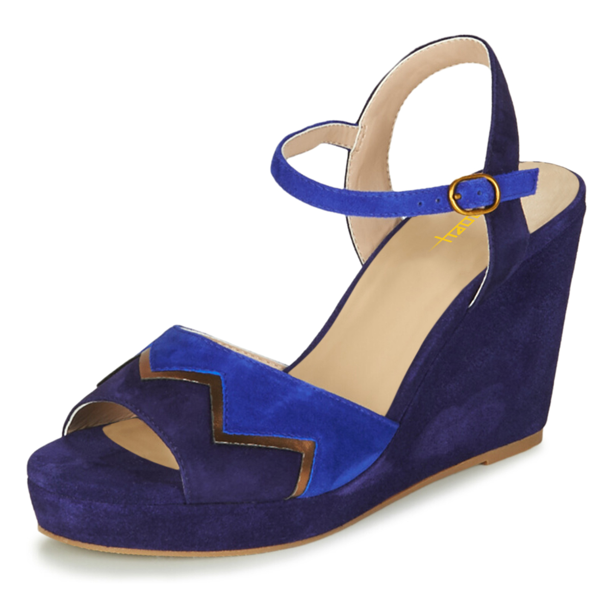 Blue Contrast Open Toe Buckled Wedge Sandals for Women with Platform