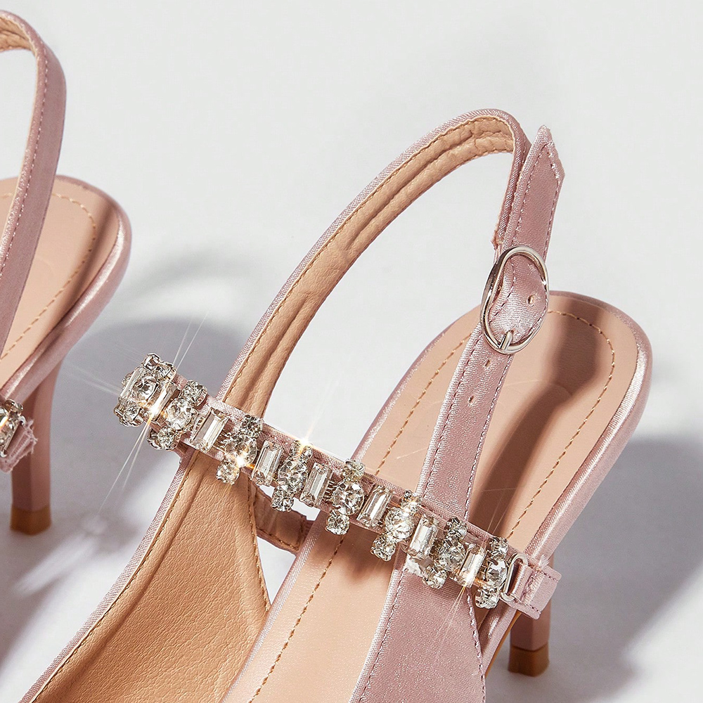 Light Pink Satin Bridal Shoes Pointed Toe Rhinestone Slingback Pumps