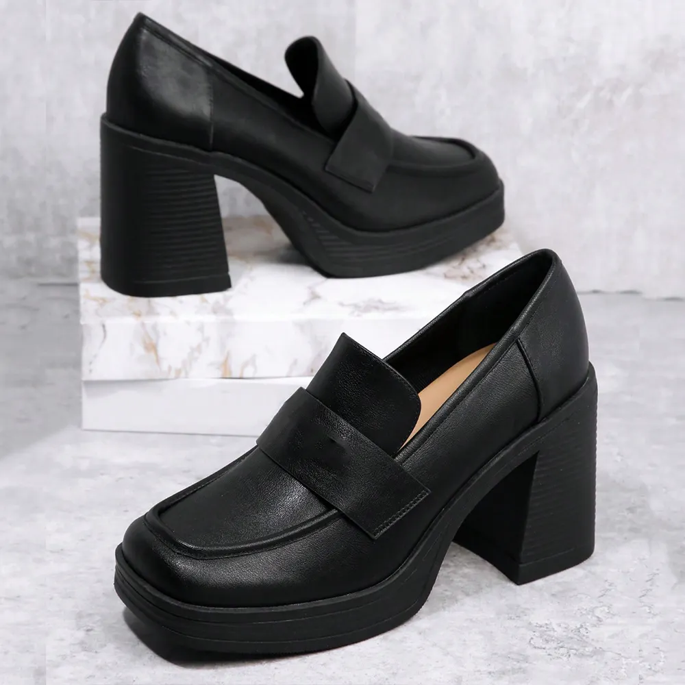 Black Vegan Leather Closed Square Toe Platform Loafers With Chunky Heels