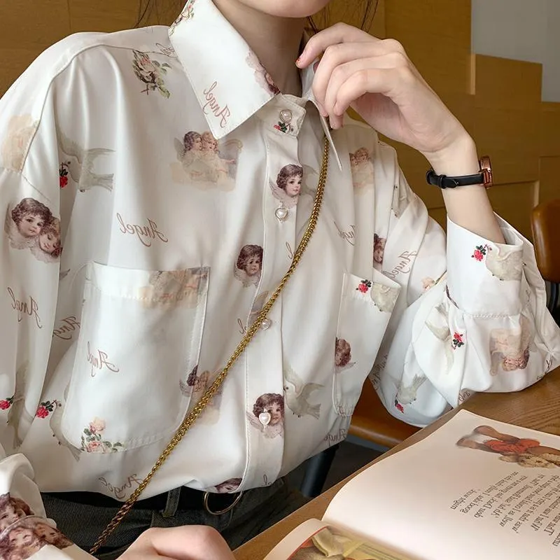 ANGEL PRINT LONG SLEEVE CHIFFON SHIRT