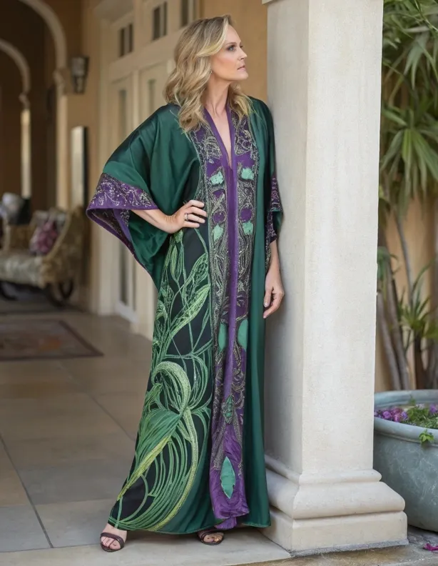 Dark Green Classical Flowers Pinted Zippered Cotton Robe
