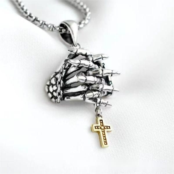 Sterling Silver Prayer Skeleton Hand Cross Pendant Necklace
