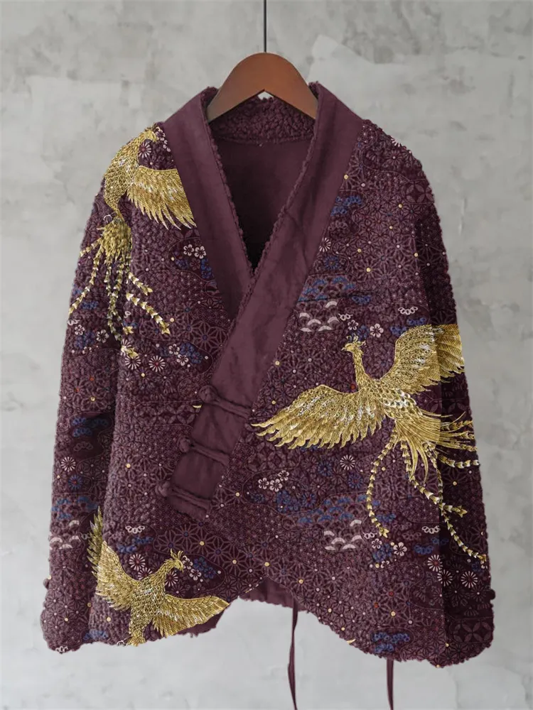 Japanese Style Gold Stamped Phoenix Art Pattern Plush Kimono Cardigan
