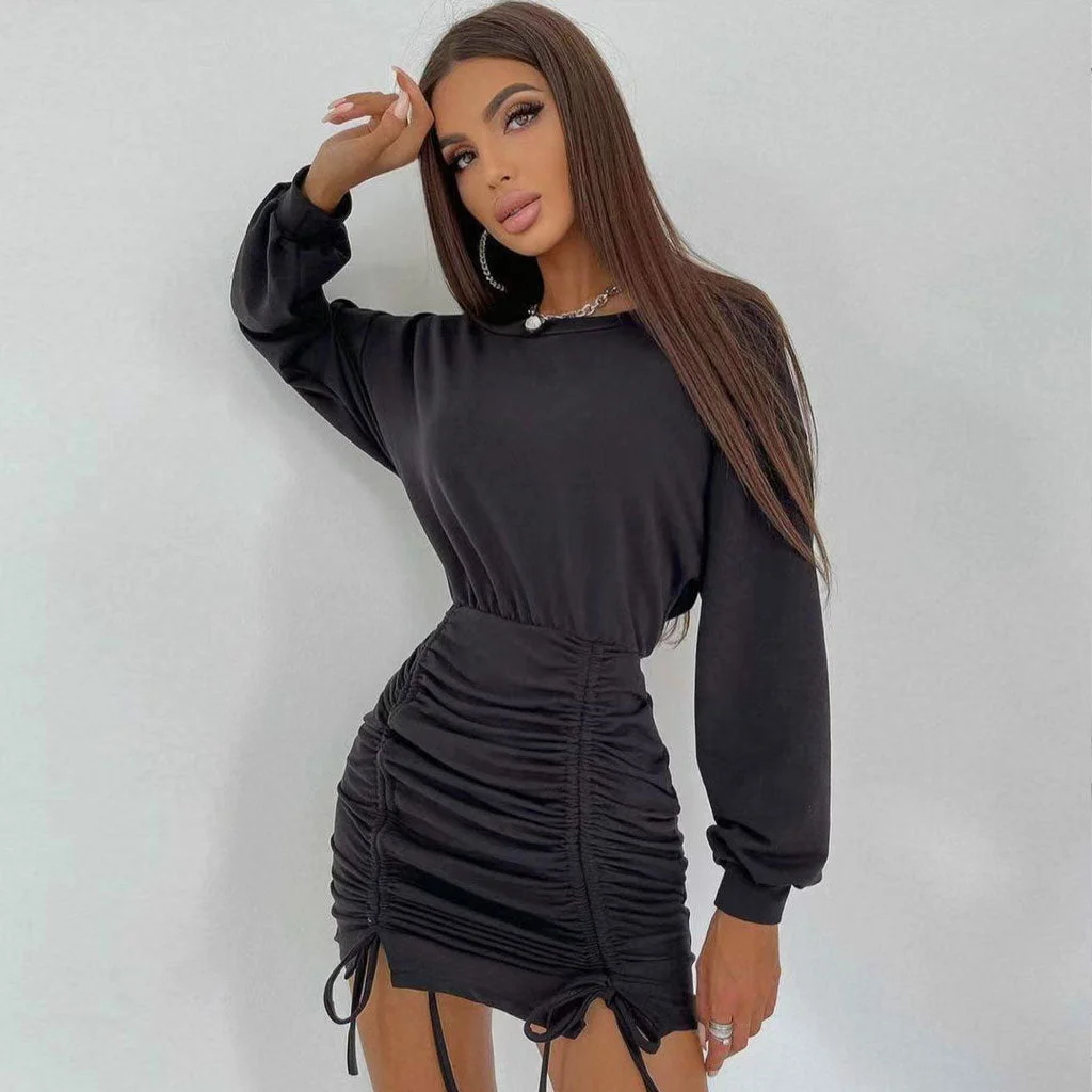 Iconic Style Boat Shoulder Long Sleeve Ruched Mini Dress - Black