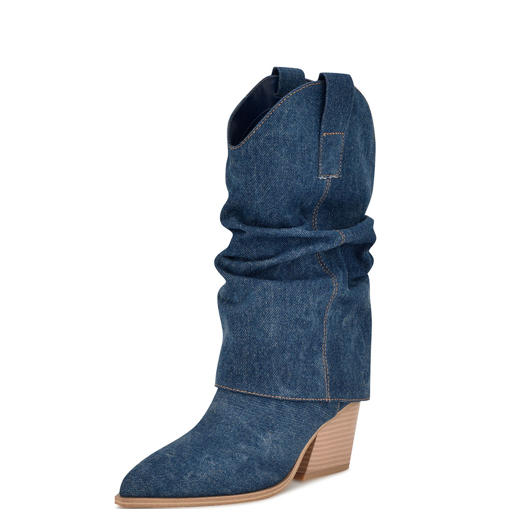 Blue Denim Chunky Heel Fold Over Mid-Calf Slouch Boots for Women