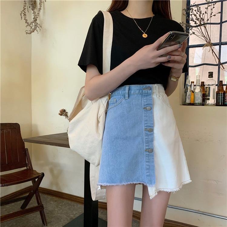 BUTTONED COLORBLOCK DENIM SKIRT