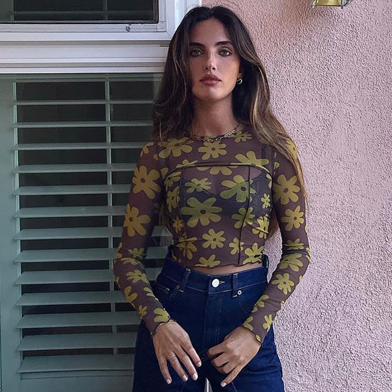 BLACK YELLOW FLORAL LONG SLEEVE MESH TOP