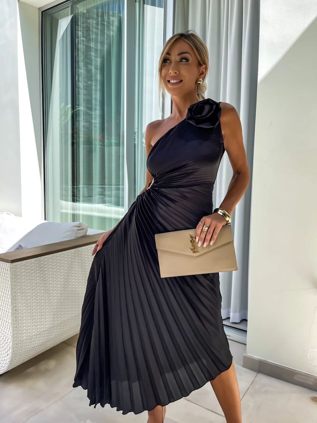Raised Flower Hollow One Shoulder Pleated Maxi Dress (Buy 2 Free Shipping)