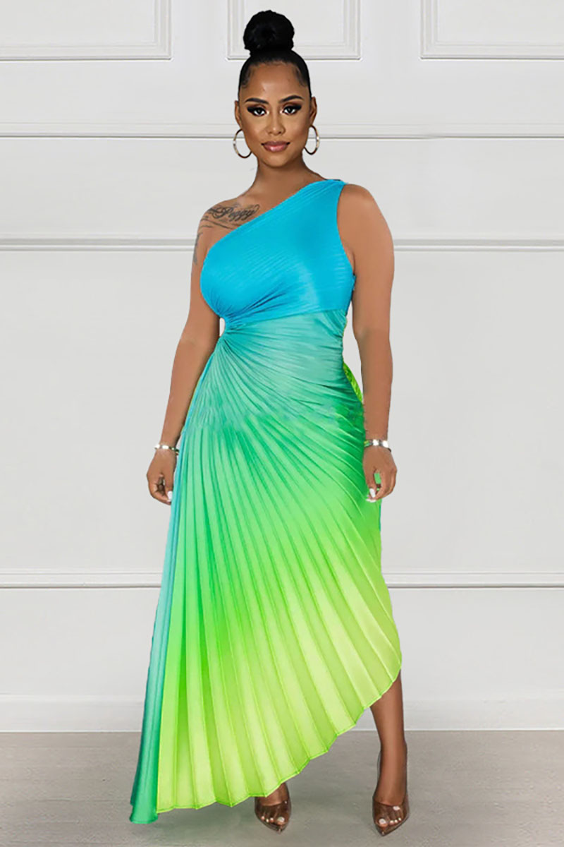 Fading Color One Shoulder Sleeveless Asymmetric Pleated Hem Vacation ...