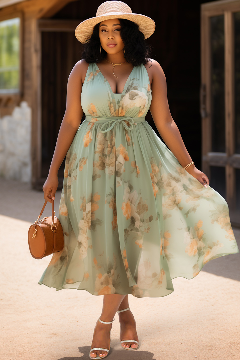 Xpluswear Design Plus Size Vacation Sage Green Sundress Floral Print V ...