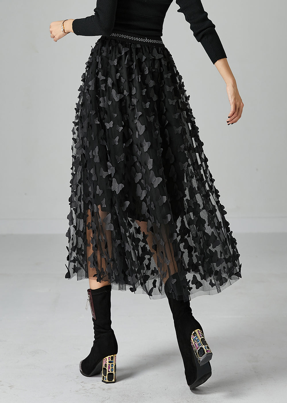 FineGina Handmade Black Butterfly Appliqued Tulle Skirts Fall