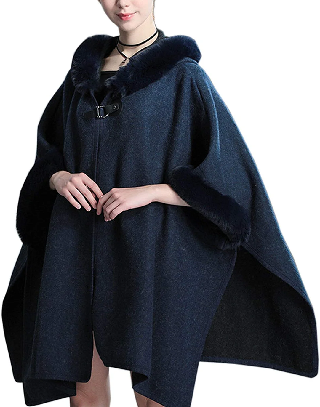 Women's Batwing Faux Fur Hooded Cloak Poncho Cape