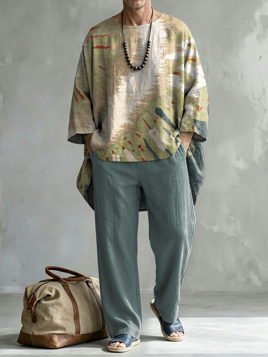 Men's Abstract Color Print Casual Round Neck Short-sleeve Linen Top ...