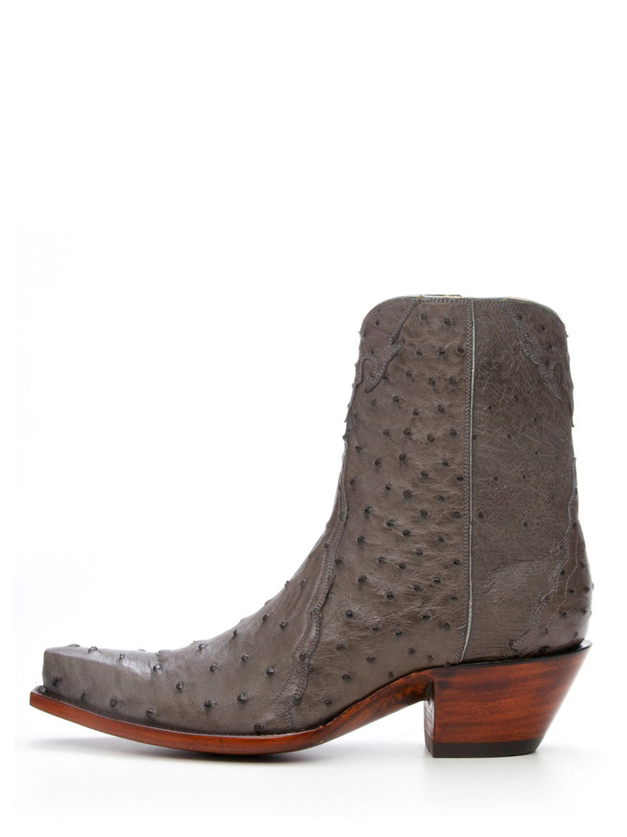 Grey Ostrich Embossed Stitched Snip Toe Chunky Heel Ankle Boots