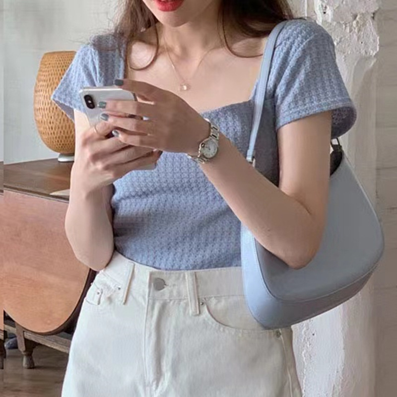 Mongw Chic Summer French Sweet Square Collar Dew Collarbone Texture ...