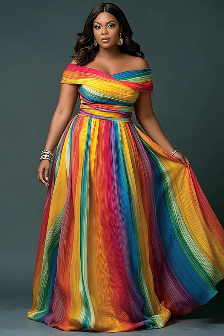 Xpluswear Design Plus Size Party Rainbow Gradient Off The Shoulder Fold ...