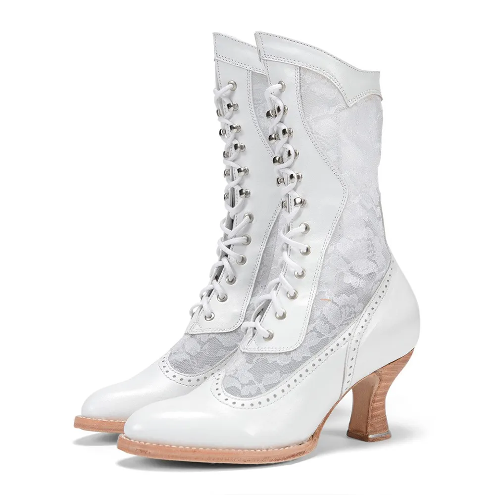 White Lace Patchwork Almond Toe Spool Heel Lace Up Boots Women