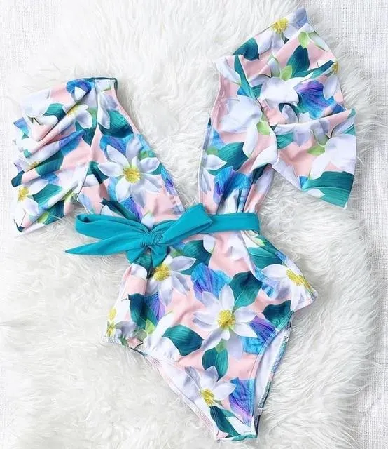 Sexy One Piece Swimwear Floral Deep-V Bathing Suit