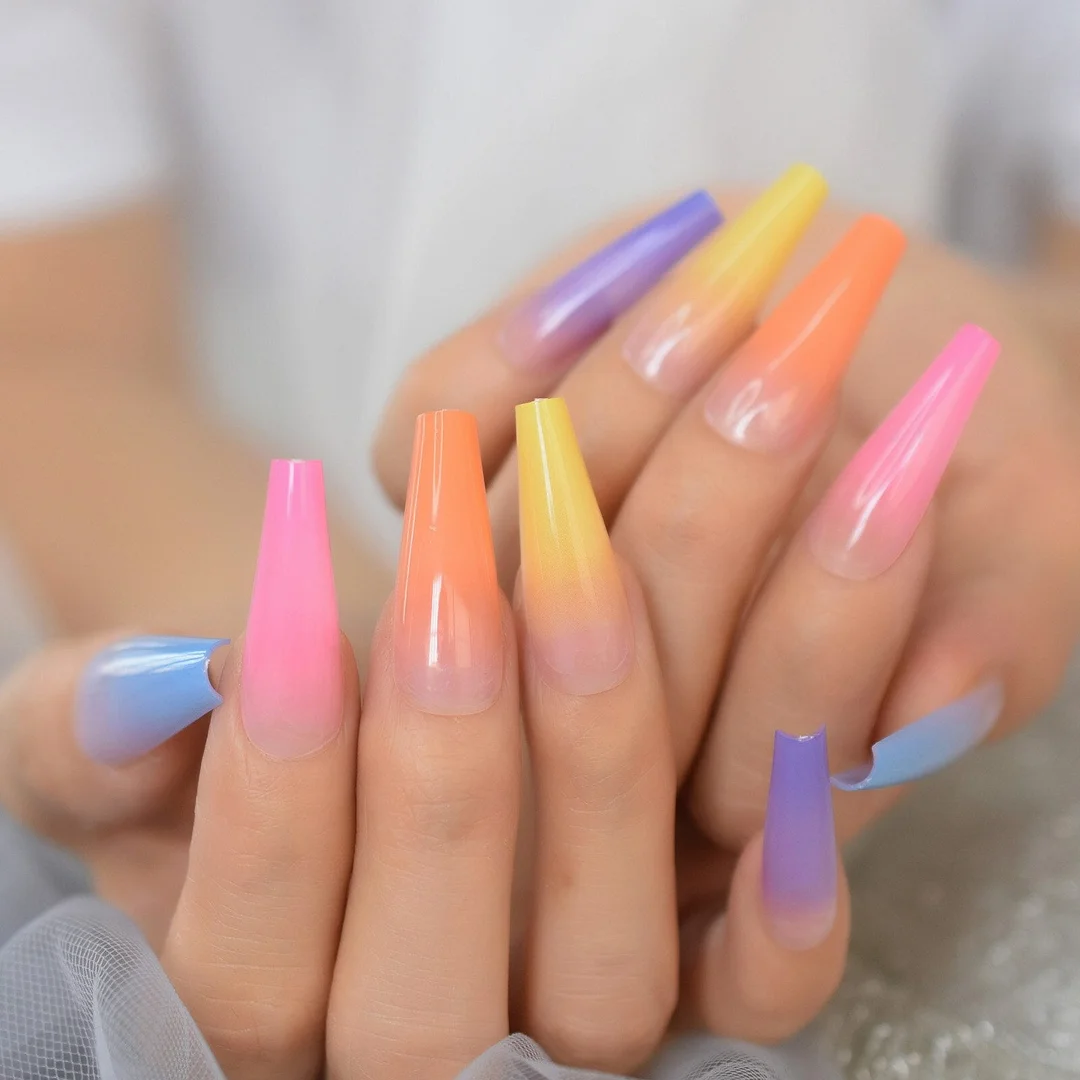 Rainbow Colorful Pre Designed Extra Long Nail Tips Fingernails Art Full ...