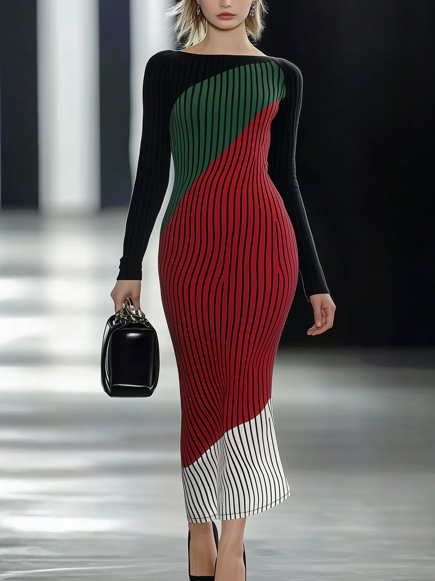 Red-Green Abstract Color-Block Slim-Fit Knitted Dress