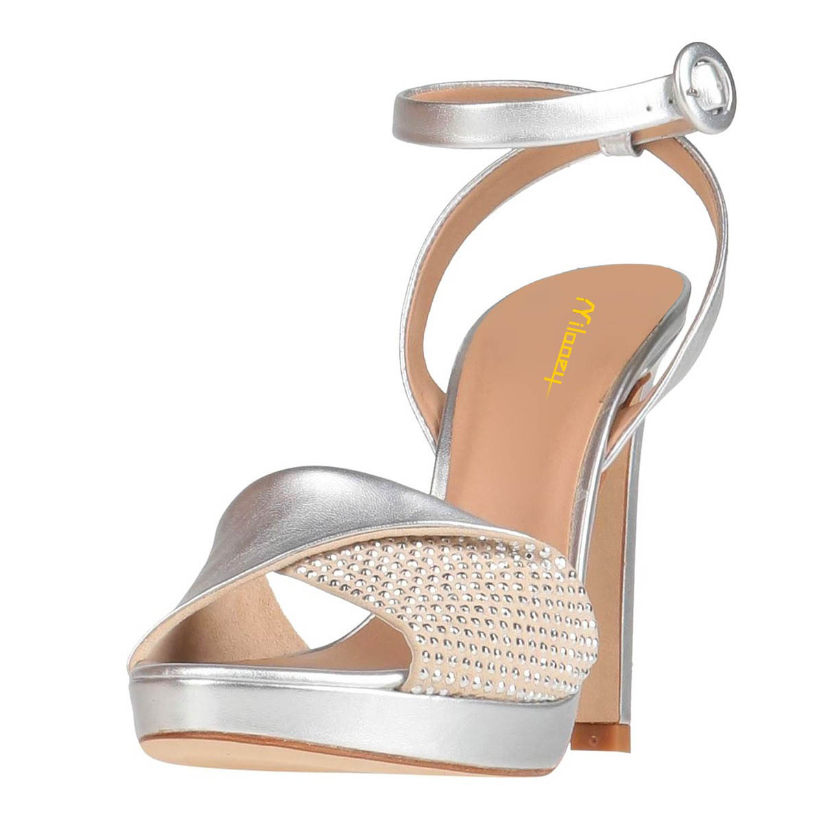Open Toe Rhinestone Twist Strap Chunky Heel Platform Silver Sandals