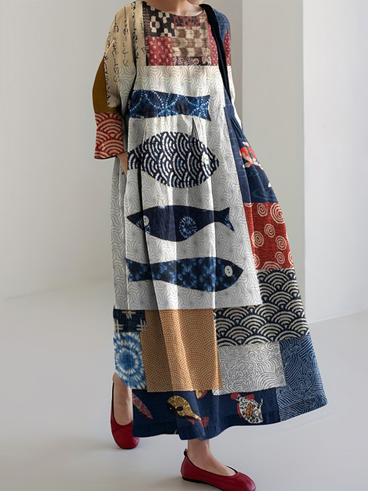 Ocean Sardines And Floral Print Cotton And Linen Crew Neck Dress