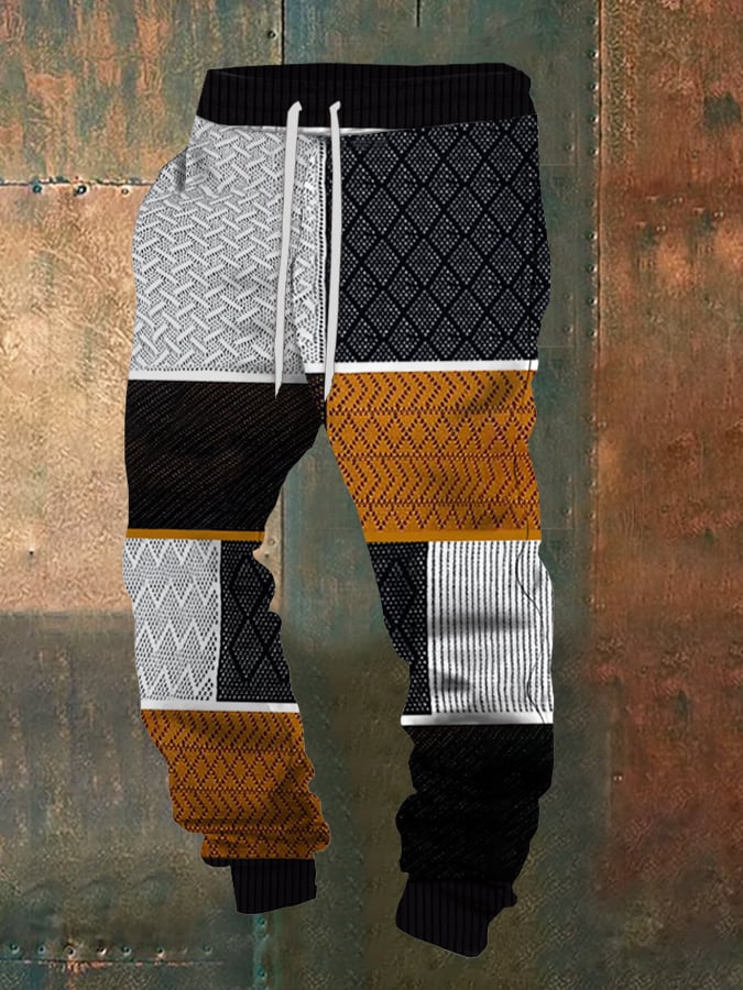 Men's Retro Western Textured Print Elastic Waist Tie-Up Sweatpants